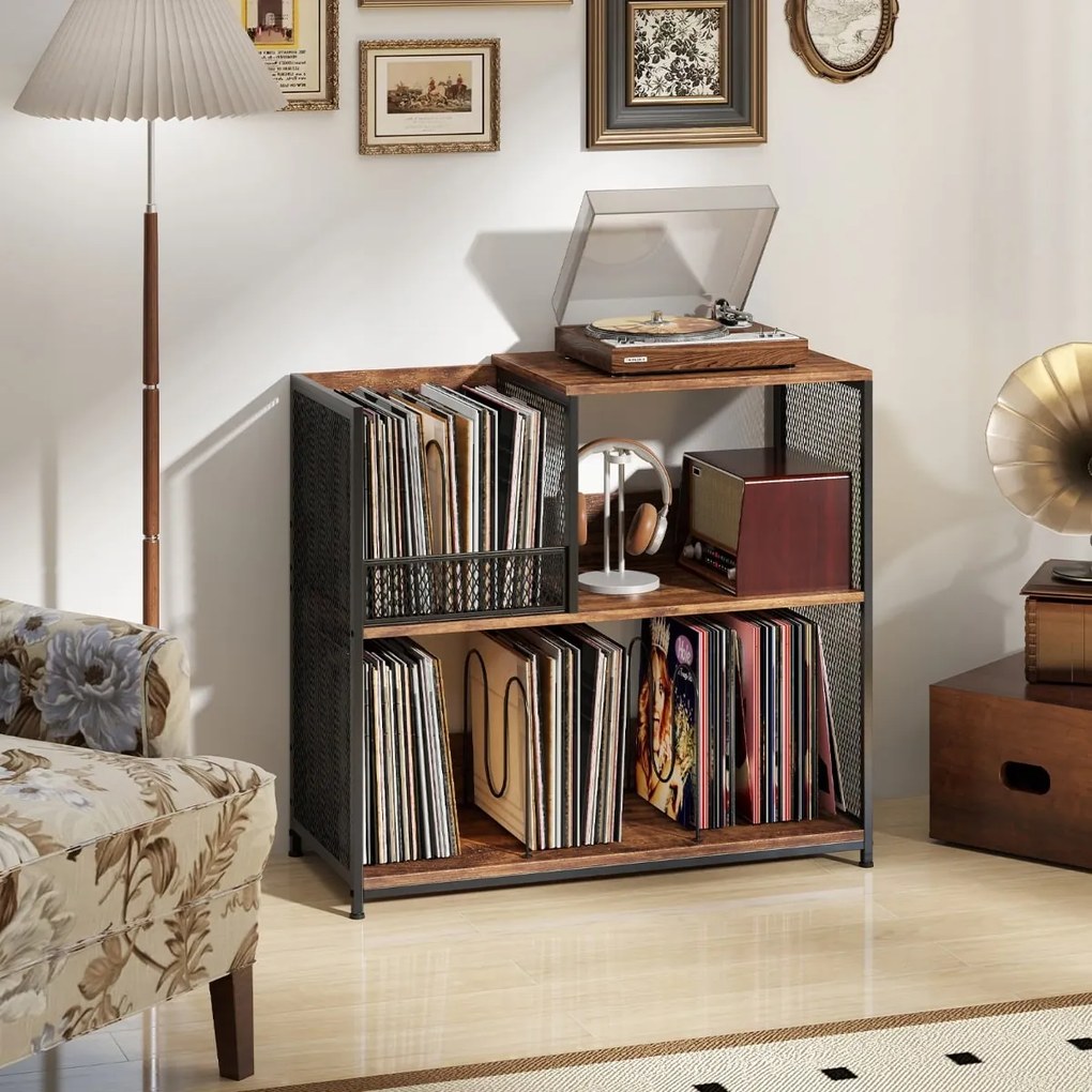 Costway Třípatrový stolek na gramofon až pro 300 desek, hnědý