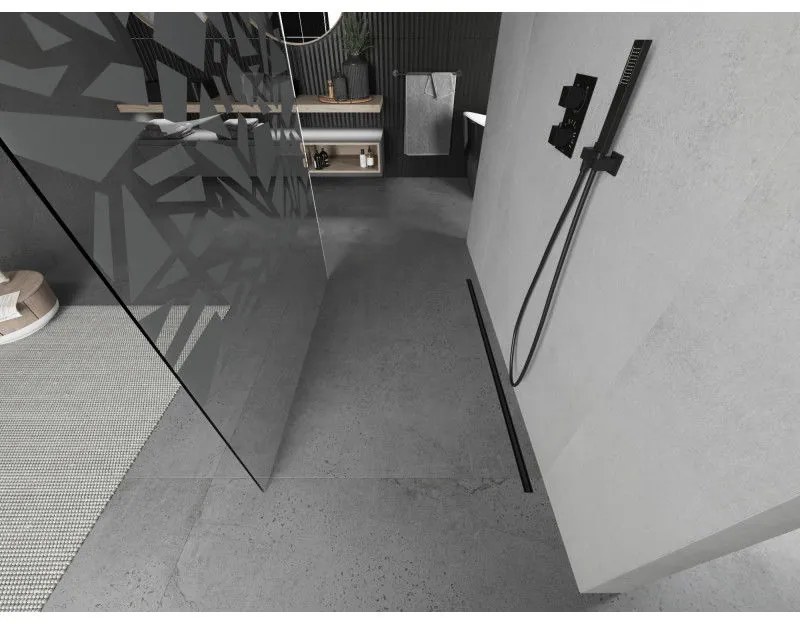 Mexen Kioto, průchozí sprchová zástěna 130 x 200 cm, 8mm sklo čiré/bílý vzor, 2x černá stabilizační rozpěra, 800-130-002-70-85