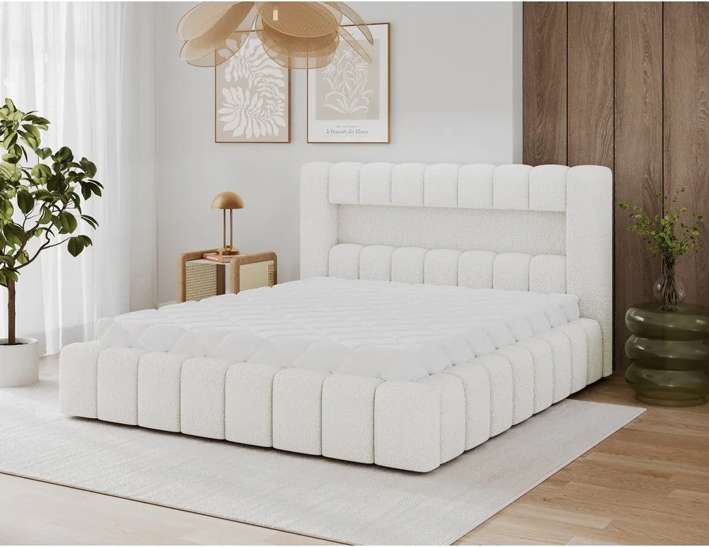 Krémová čalouněná dvoulůžková postel s úložným prostorem s roštem 140x200 cm Lamica – ELTAP