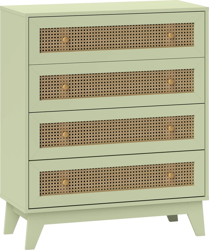 HOMCOM komoda se 4 zásuvkami, úložný prostor s ratanovým vzorem, světle dřevěná optika, 80 x 35 x 95 cm, zelená