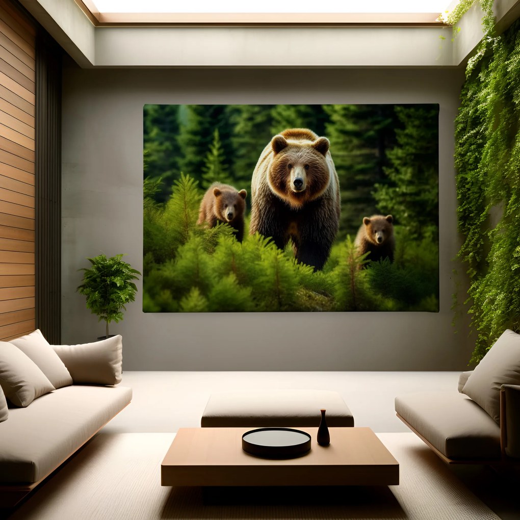 Obraz na plátně - Medvěd Grizzly s rodinou v jehličnatém lese FeelHappy.cz Velikost obrazu: 90 x 60 cm