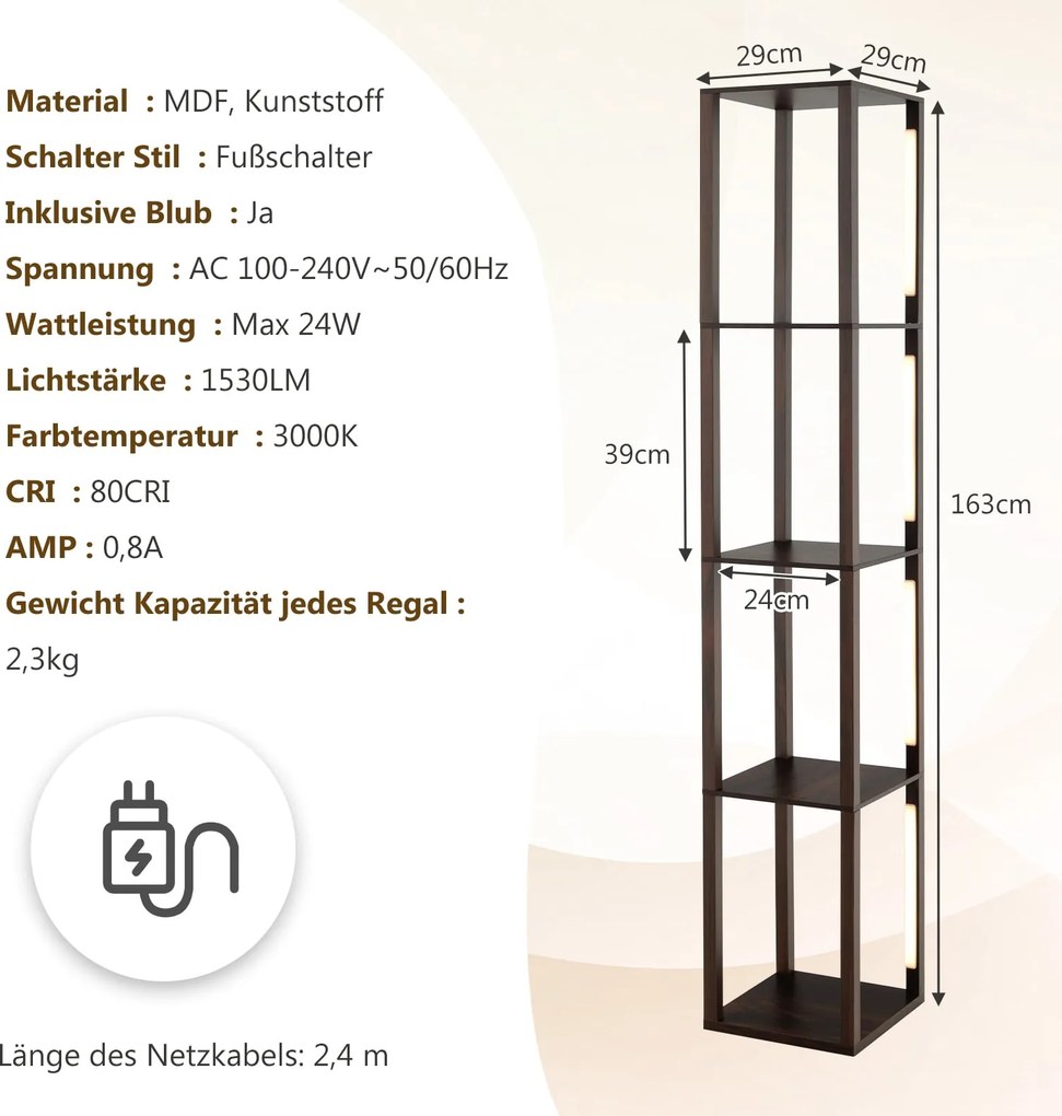 Costway 163 cm police na stojací lampy moderní úložná police na stojací lampy