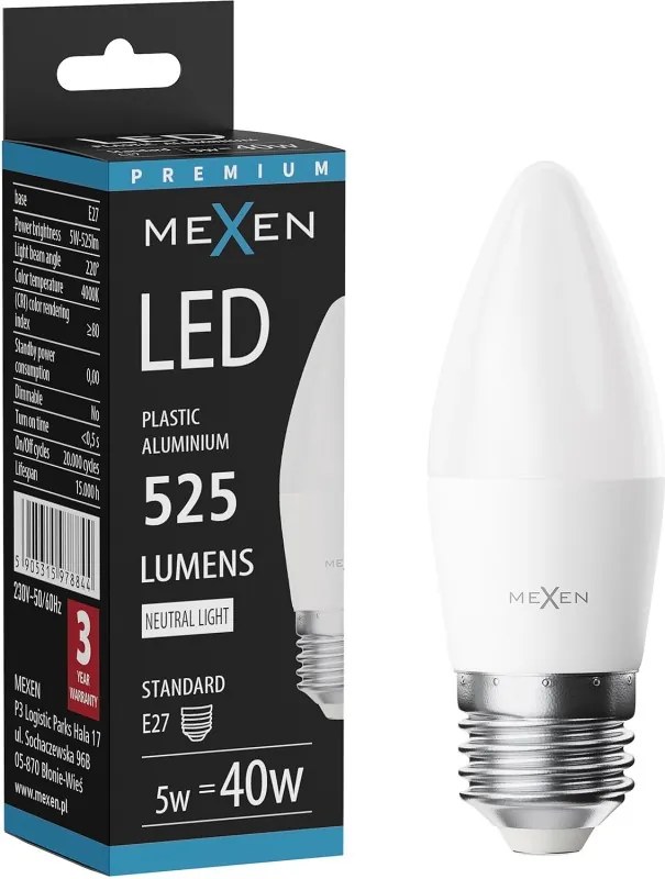 Mexen Nova, LED žárovka E27, C37, 5W, Teplá - 3000K, 525 lm - L102-E27-0540-01