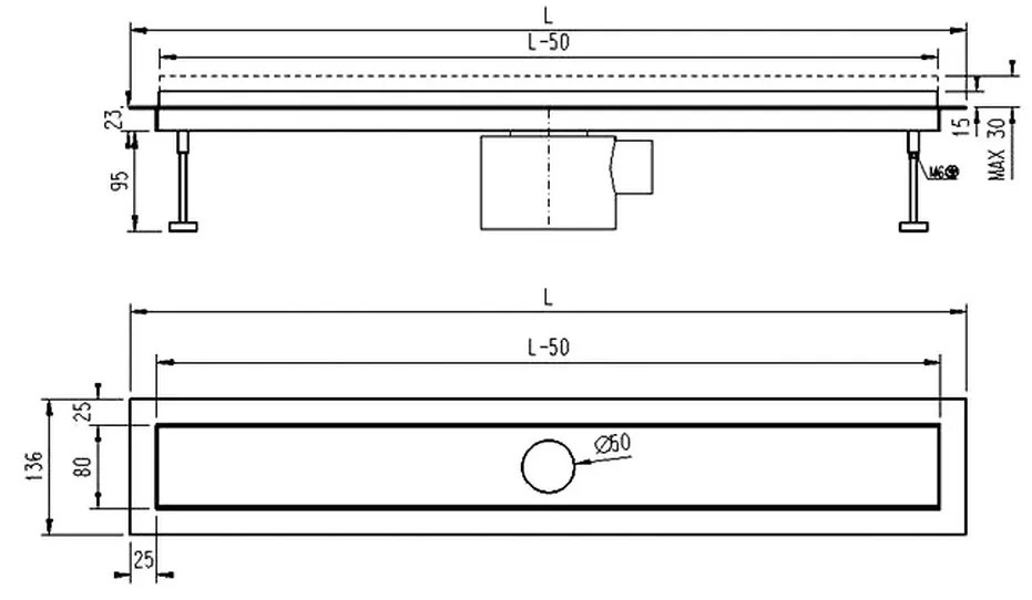 Sprchový žlab LIFT s horizontální přírubou, 80 cm