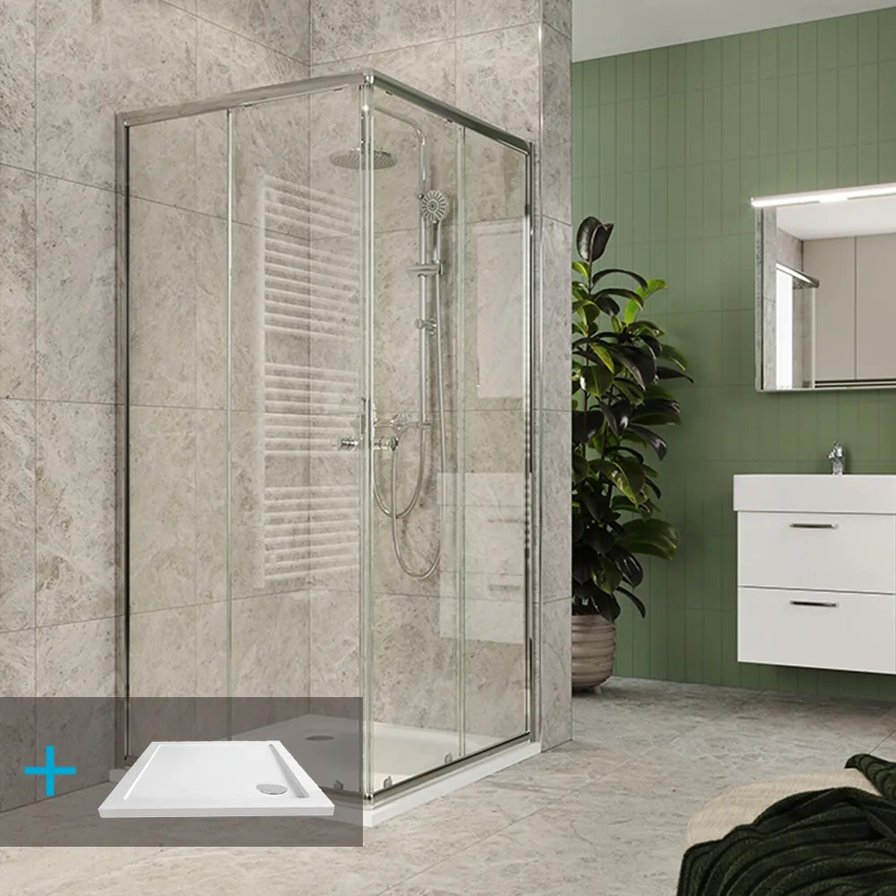 Mereo Mereo, Kora Lite sprchový set: sprchový kout 90x90x185 cm, chrom ALU, sklo čiré, 90 cm, vanička, sifon, CK34123ZN