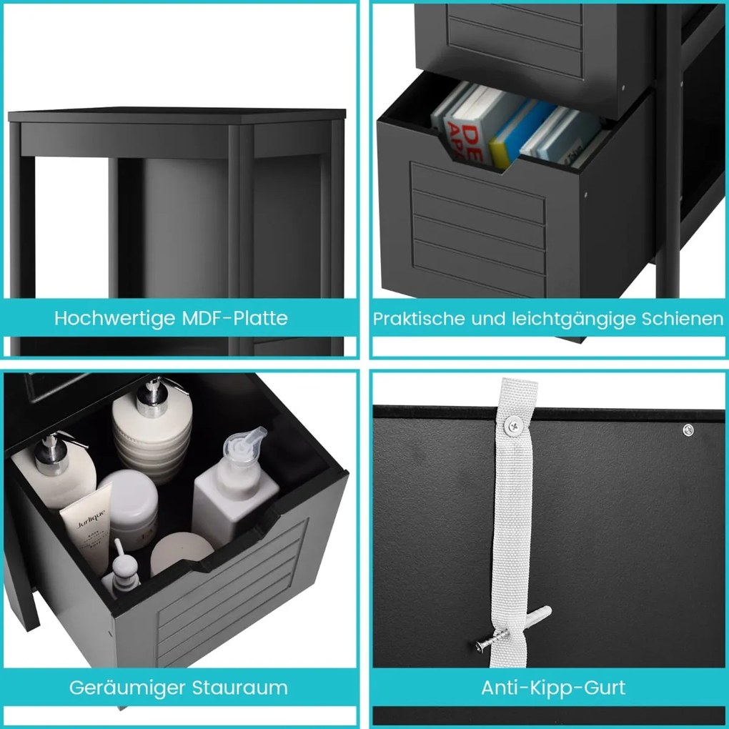 Costway Dřevěná koupelnová komoda se 2 zásuvkami – 30 × 30 × 89 cm, černý