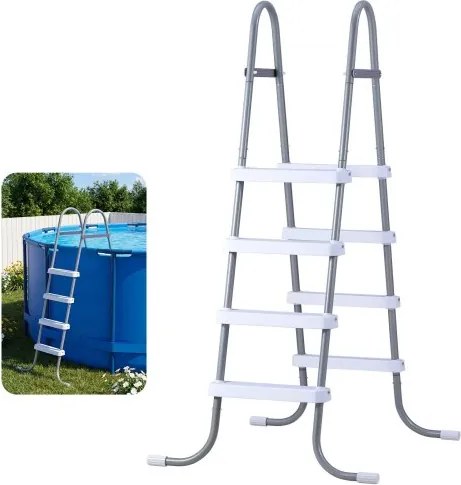 Nadzemní bazénový žebřík VEVOR, 4stupňový ocelový schod s A-rámem pro stěnu vysokou 121,9 cm, nosnost 136 kg, vstupní/výstupní schody s bezpečným protiskluzovým robustním širokým schodem, snadná instalace, šedobílý