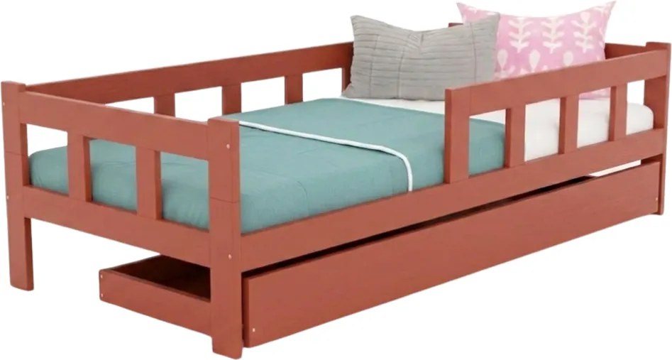 Benlemi Dřevěná jednolůžková postel FENCE 4v1 se zábranou a úložným šuplíkem Zvolte barvu: Šalvějová zelená, Zvolte rozměr: 120x200 cm, Zvolte zábranu: S otevřeným vstupem