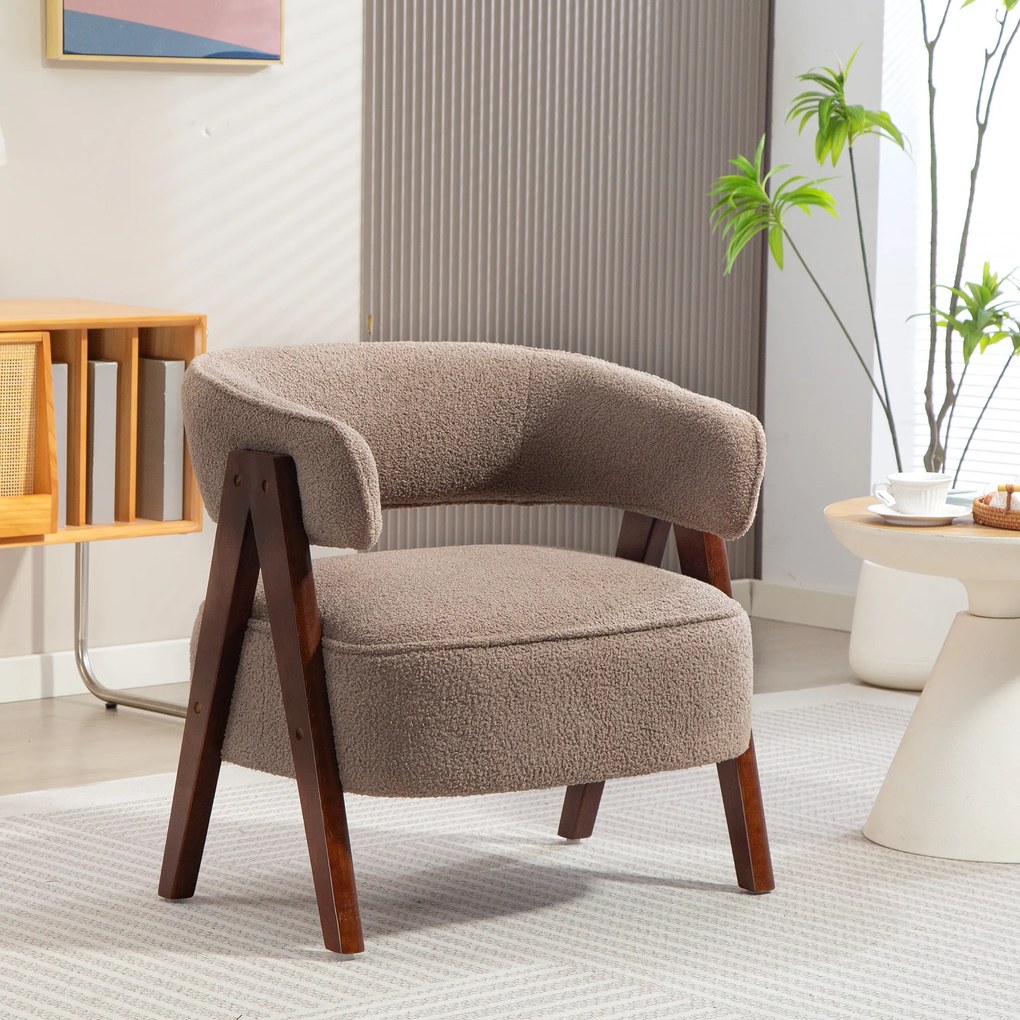 HOMCOM obývací křeslo z bouclé látky, čalouněné křeslo, prostorné sedadlo, ergonomické opěradlo, 70 x 64 x 71 cm, hnědá