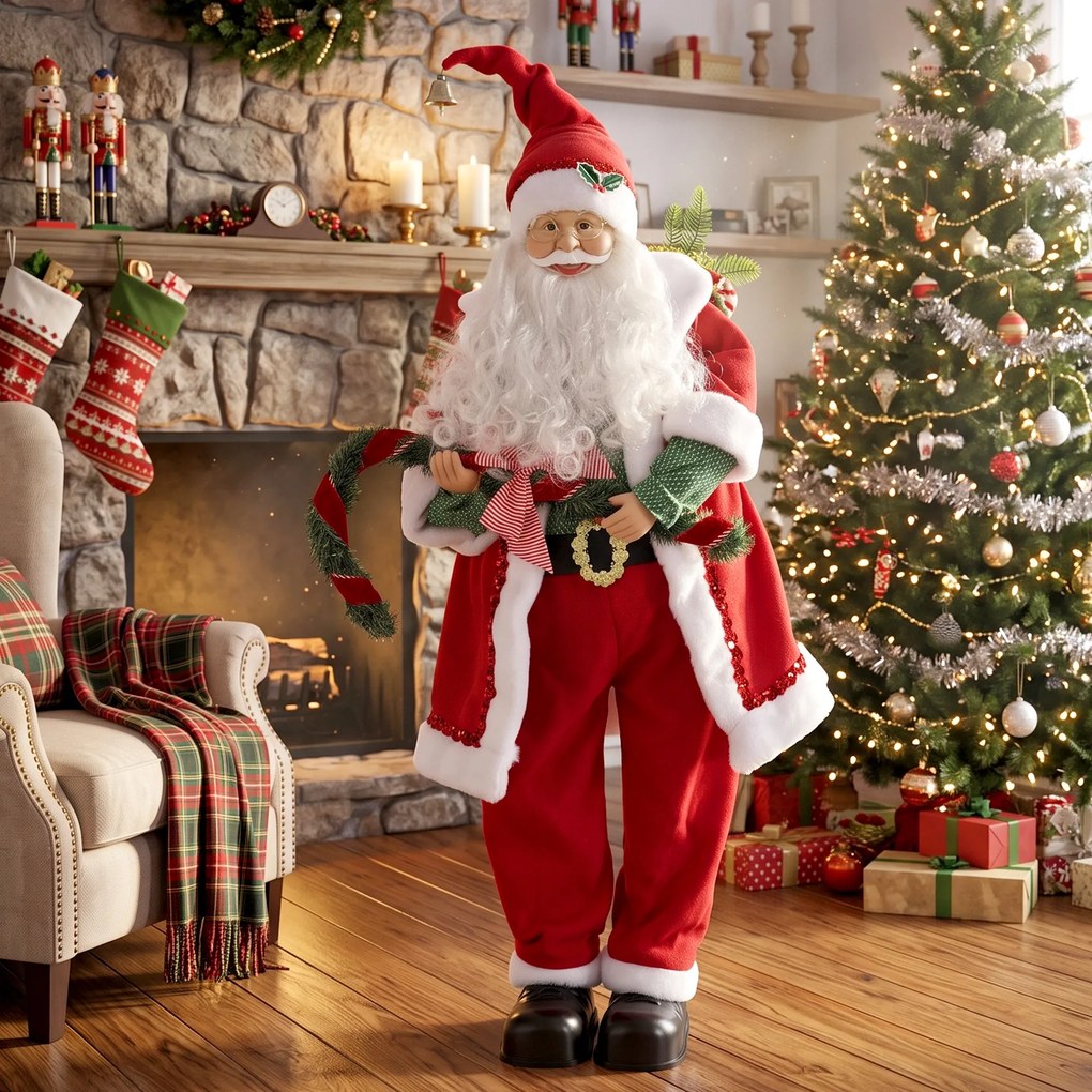 HOMCOM Zpívající a tancující Santa Claus, 120 cm, stojící animovaná vánoční postava se svícnem a pytlem, aktivovaná zvukem / dotykem