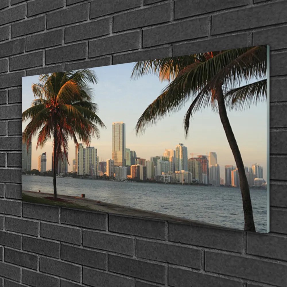 Obraz na skle Palmy Tropy Město Moře 120x60 cm