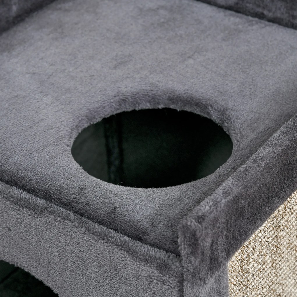 Škrabací sud PawHut se 2 jeskyněmi pro kočky a 2 úrovněmi, lehací plocha se sisalovou škrabací podložkou, plyšový design 45x45x81 cm tmavě šedý pro m…