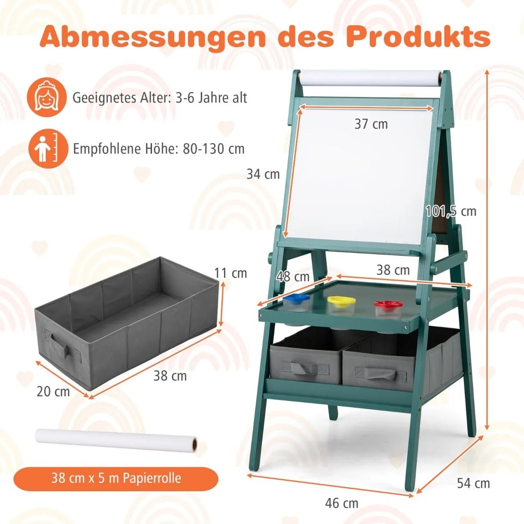Costway Dětská tabule 3 v 1 s papírovou rolí a magnetickou tabulí a bílou tabulí