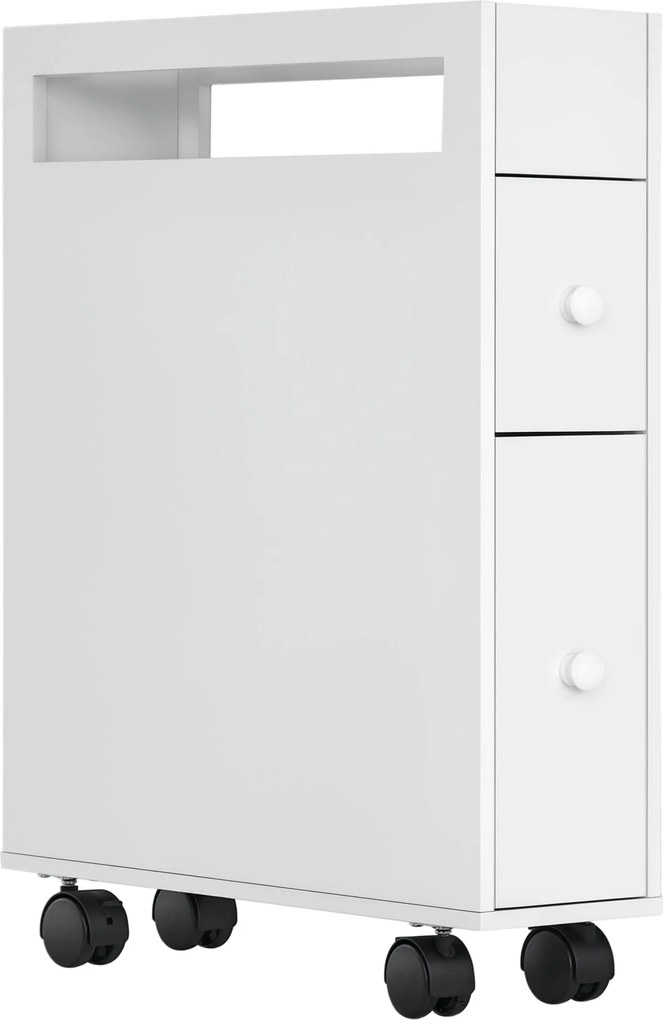 HOMCOM Úzký koupelnový kabinet s zásuvkou na kolečkách, Toaleta, Skříňka do koupelny, pro malé prostory, 16 x 49,5 x 66 cm, Bílá | Aosom