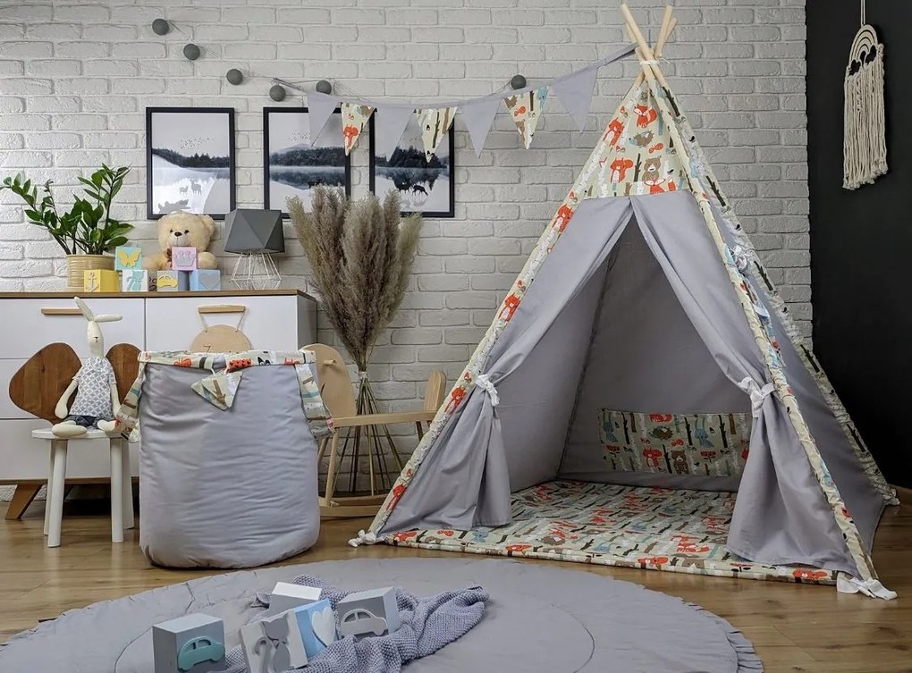 Dětský stan TEEPEE (TÝPÍ) ANIMALS s doplňky - LESNÍ ZVÍŘÁTKA - šedý/béžový