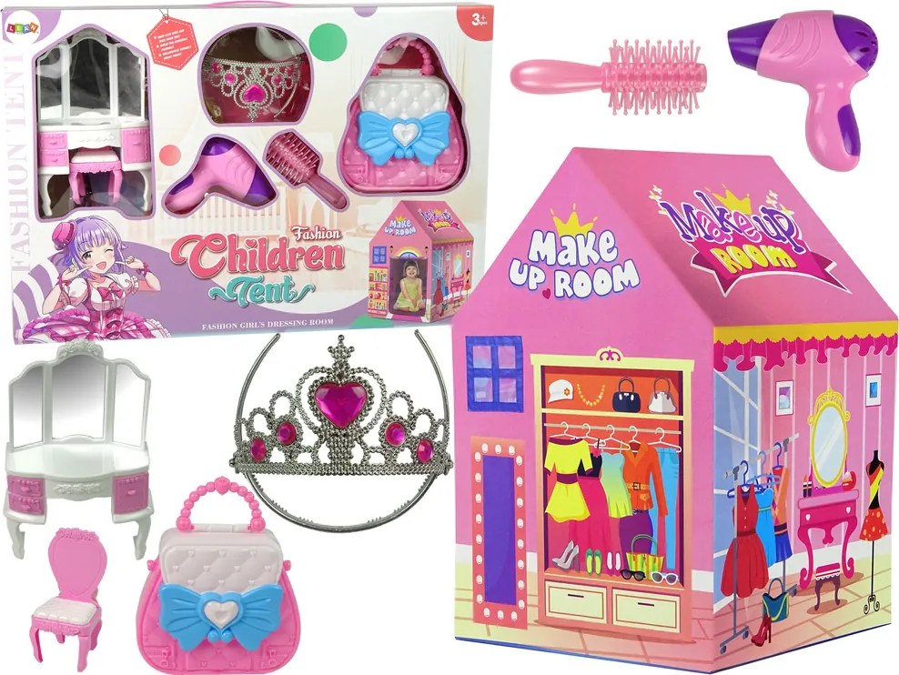 LEAN Toys Princeznovský stan pro děti kosmetický salon růžový s korunkou