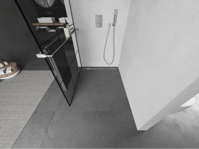 Mexen Kioto+ L, sprchová zástěna Walk-In s poličkou a věšákem 100 x 200 cm, 8mm čiré sklo černý vzor, chromový profil, 800-100-123-01-77