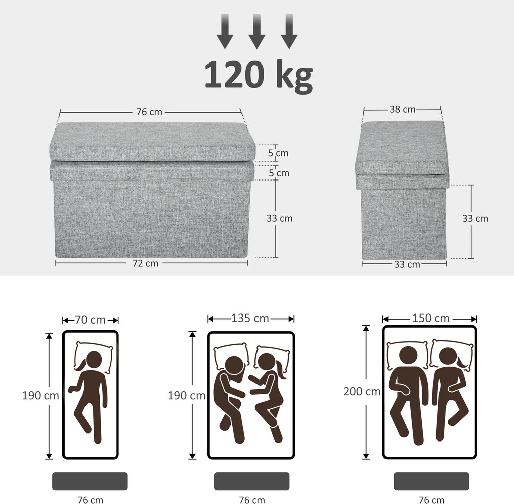 HOMCOM skládací lavice s opěradlem a prostor pro uložení 77 l, potah z látky, 76x50x73 cm, šedá