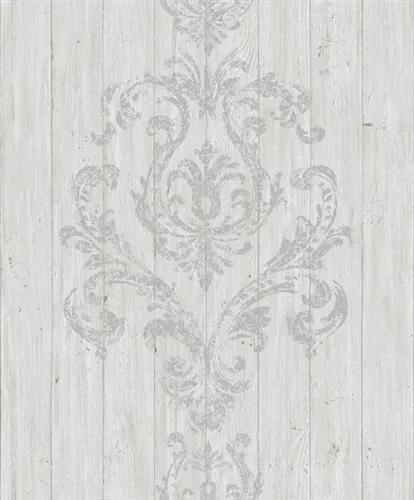 Vliesové tapety na zeď Facade dřevěný obklad bílo-šedý s šedým ornamentem
