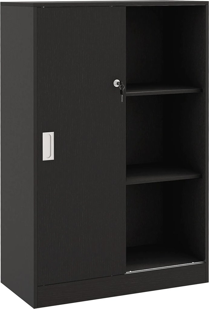 HOMCOM Zamykatelný kancelářský skříň s posuvnými dveřmi rozměry 80Š x 40H x 120V cm 2 police Dřevotříska Černá | Aosom