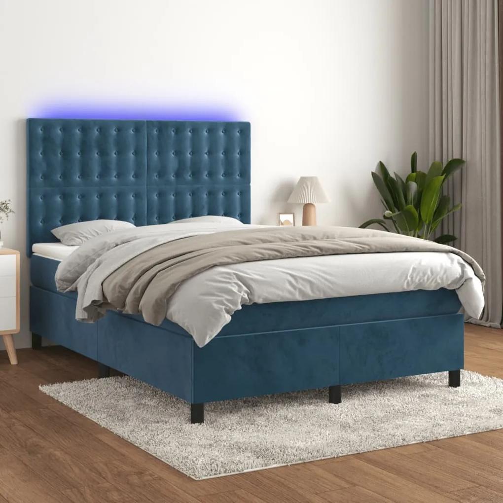 Box spring postel s matrací a LED tmavě modrá 140x190 cm samet,  3136363