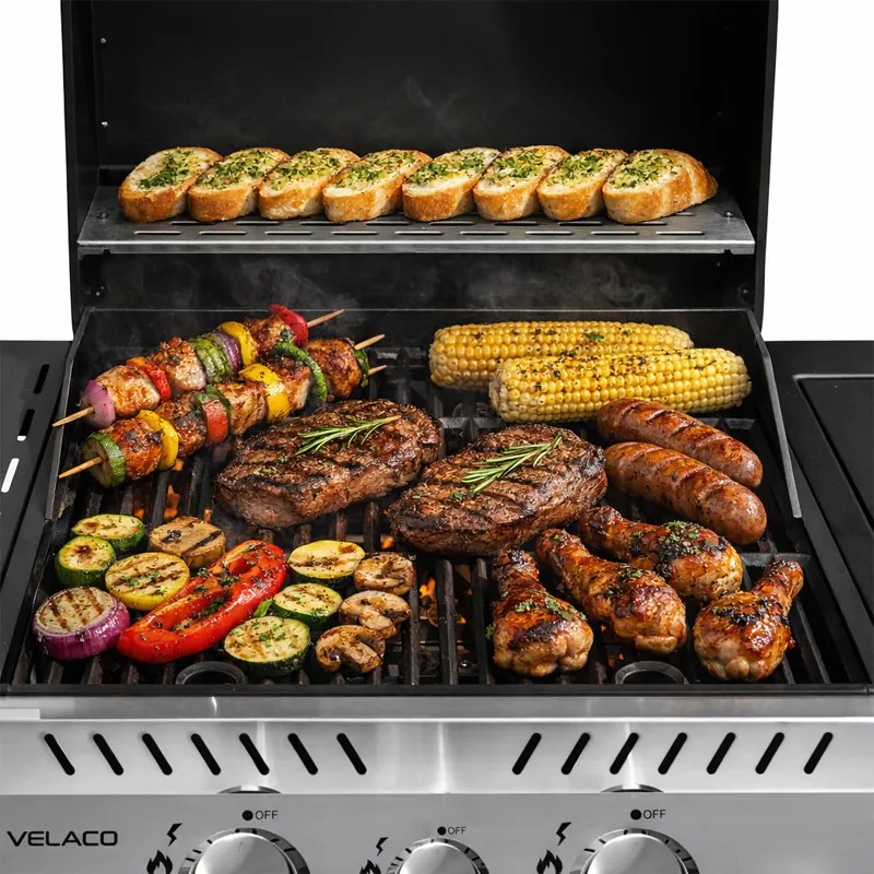 BPS-koupelny Plynový BBQ gril s boční plotýnkou, poličkou a krycí plachtou - , 2+1 hořák