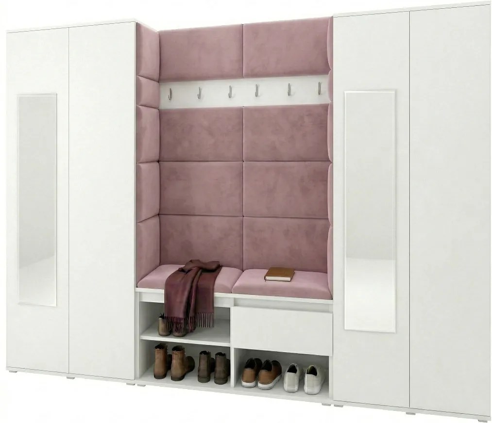 Předsíňová stěna Trinity 10 s čalouněnými panely, 280 cm, bílá / pastelově růžová