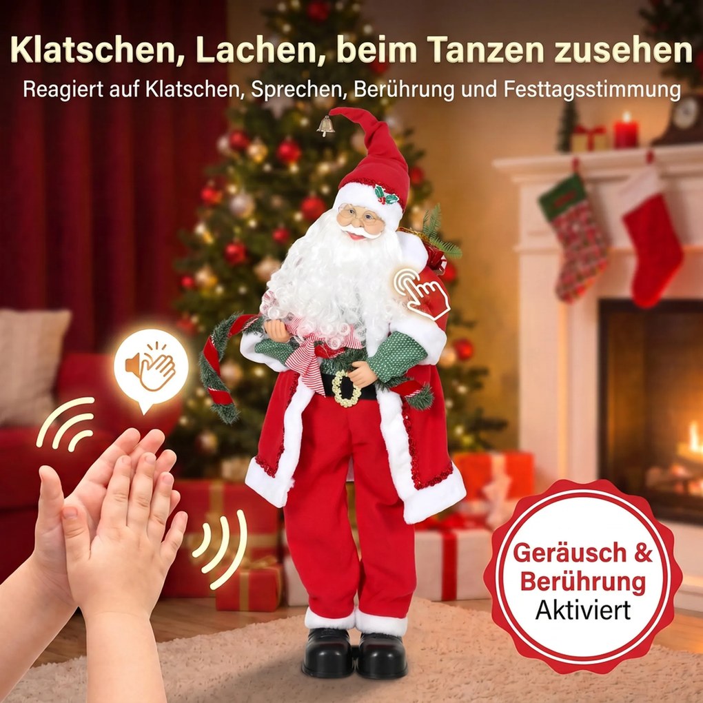 HOMCOM Zpívající a tancující Santa Claus, 120 cm, stojící animovaná vánoční postava se svícnem a pytlem, aktivovaná zvukem / dotykem
