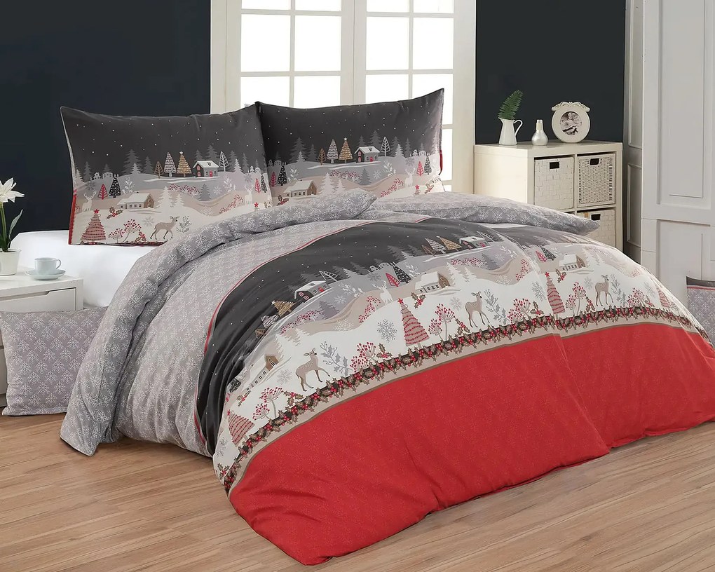 Matějovský Povlečení MAGNUS, vánoční motiv, červeno-šedé, flanel premium, 140x200cm + 70x90cm