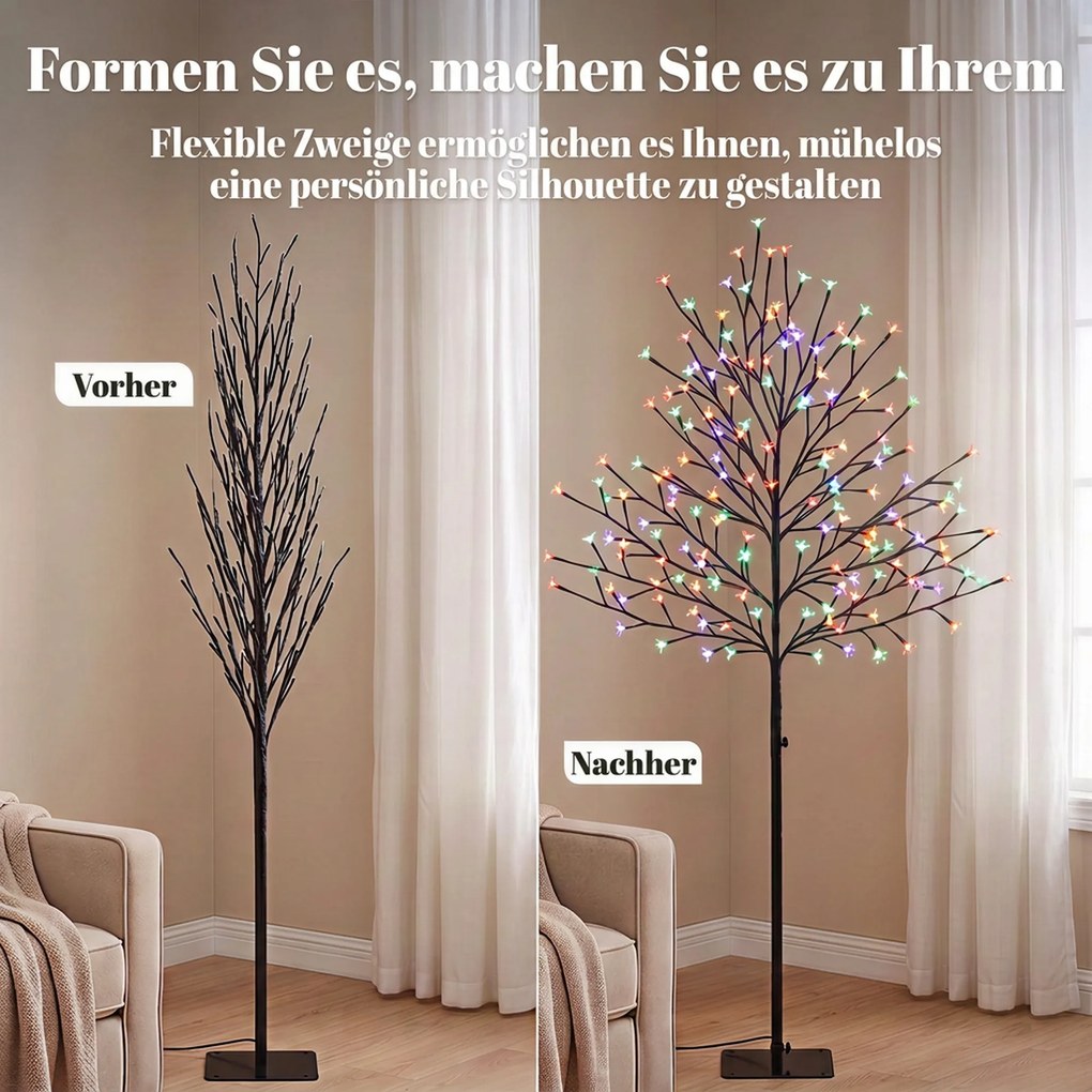 HOMCOM LED třešňový strom 150 cm s 160 LED diodami, umělý svítící stromek s 20 ohebnými větvemi, vánoční dekorace