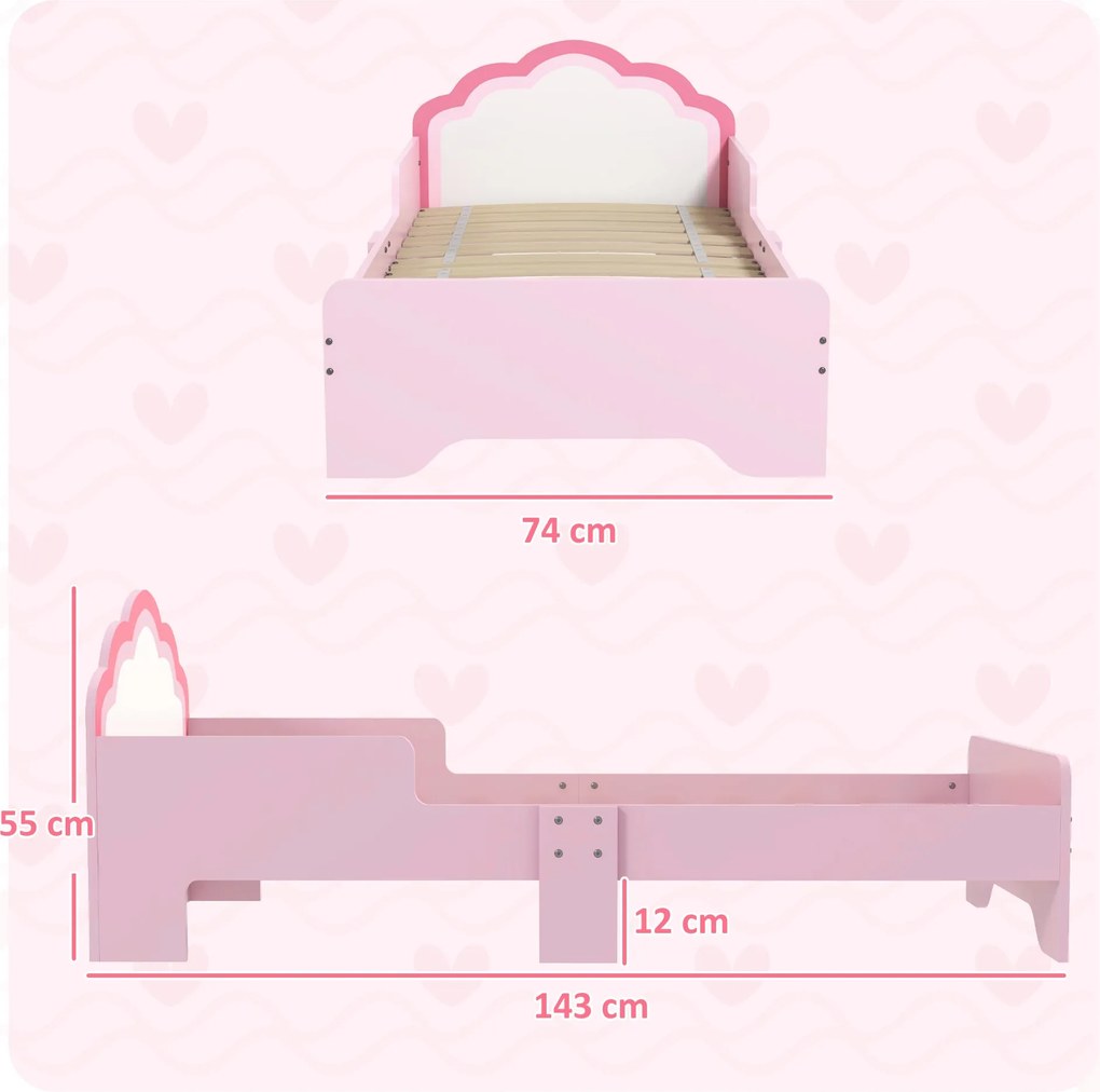 Dětská postel ZONEKIZ pro děti od 3 do 6 let 143 x 74 x 55 cm s motivem oblaku - včetně lamelového roštu, moderní růžový pokoj