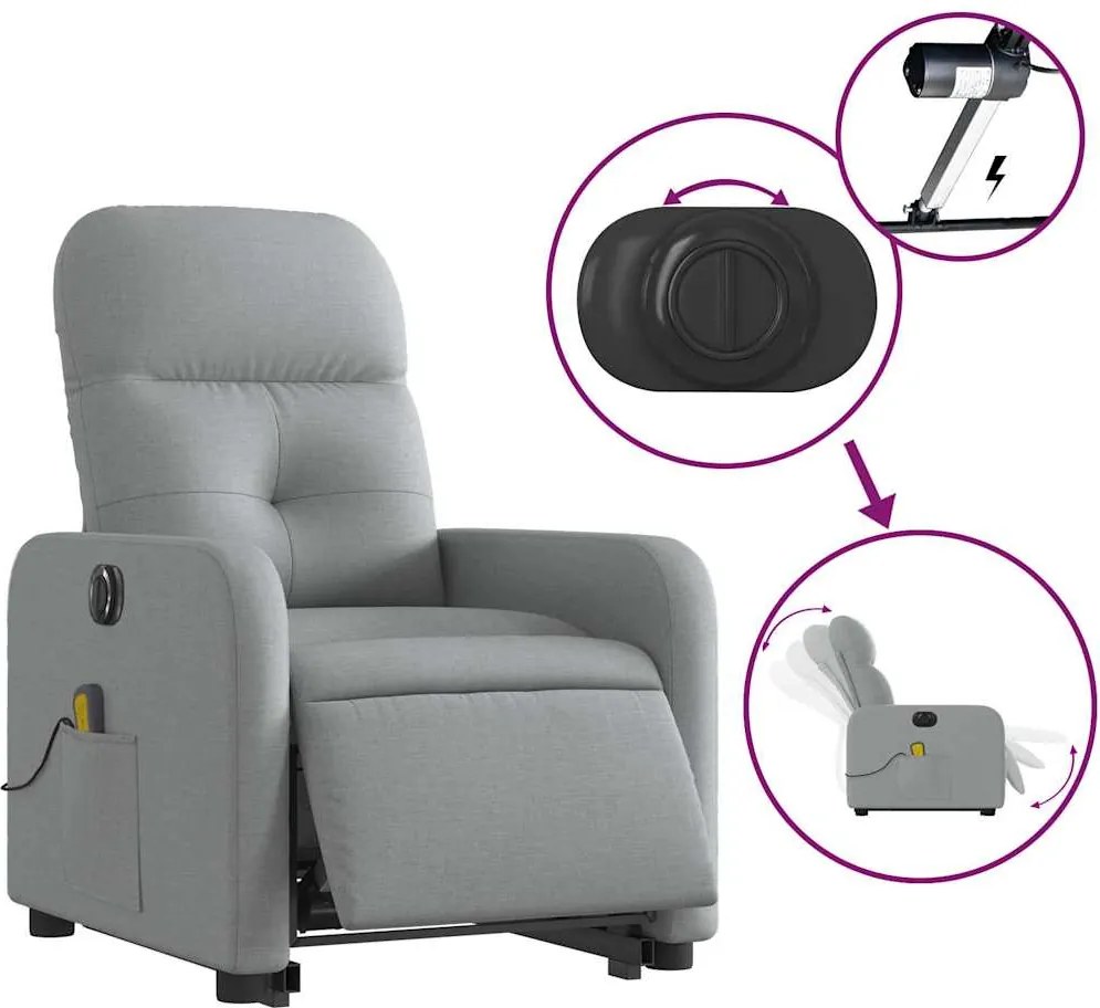 Elektrické zvedací masážní polohovací křeslo světle šedé textil 3206822