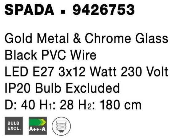 Nova Luce Závěsné svítidlo SPADA zlatý kov a chromové sklo, E27 3x12W