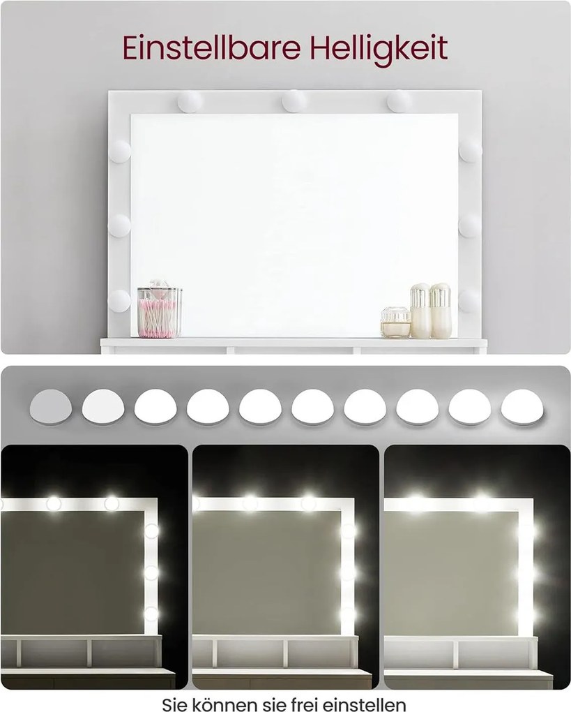 Toaletní stolek, toaletní stůl se 9 LED žárovkami, bílý