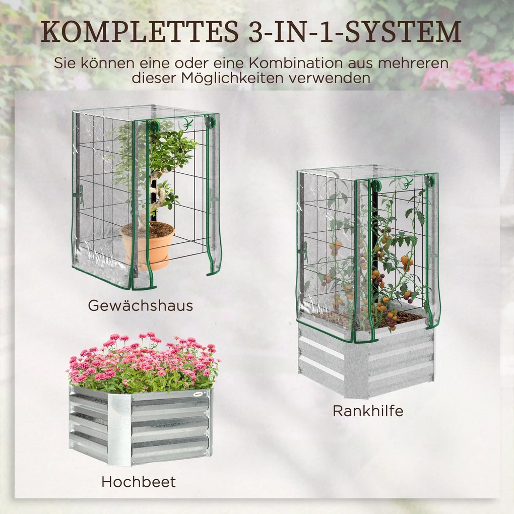 Outsunny HOMCOM Sada vyvýšeného záhonu s plastovým krytem a mříží pro popínavé rostliny 53x53x90cm ideální pro zahradu a balkon