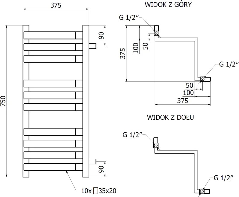 Mexen Loop, koupelnový radiátor 750 x 375 mm, 413 W, černá, W129-0750-350-00-70