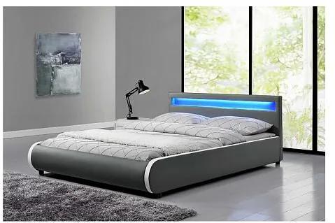 Manželská postel s RGB LED osvětlení DULCEA 180x200 cm, šedá ekokůže
