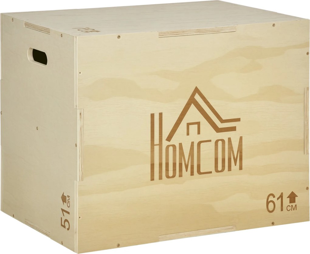 HOMCOM plyo Box 3 v 1 Dřevěný plyometrický box se 3 výškami skoku Rukojeti 61 x 51 x 76 cm Přírodní dřevo