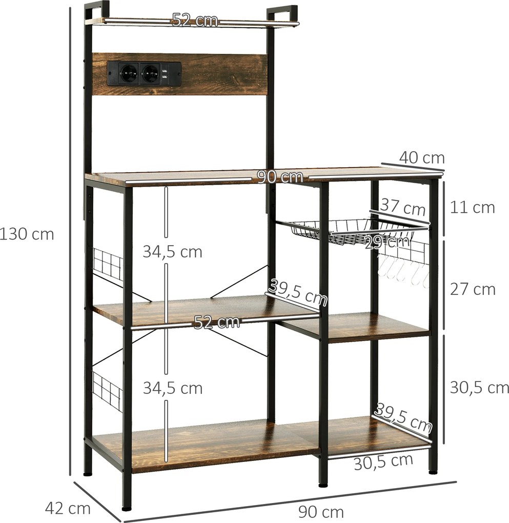 HOMCOM kuchyňský nábytek se zabudovanými zásuvkami pro mikrovlnnou troubu s policemi, industriální styl, 90 x 42 x 130 cm, hnědá