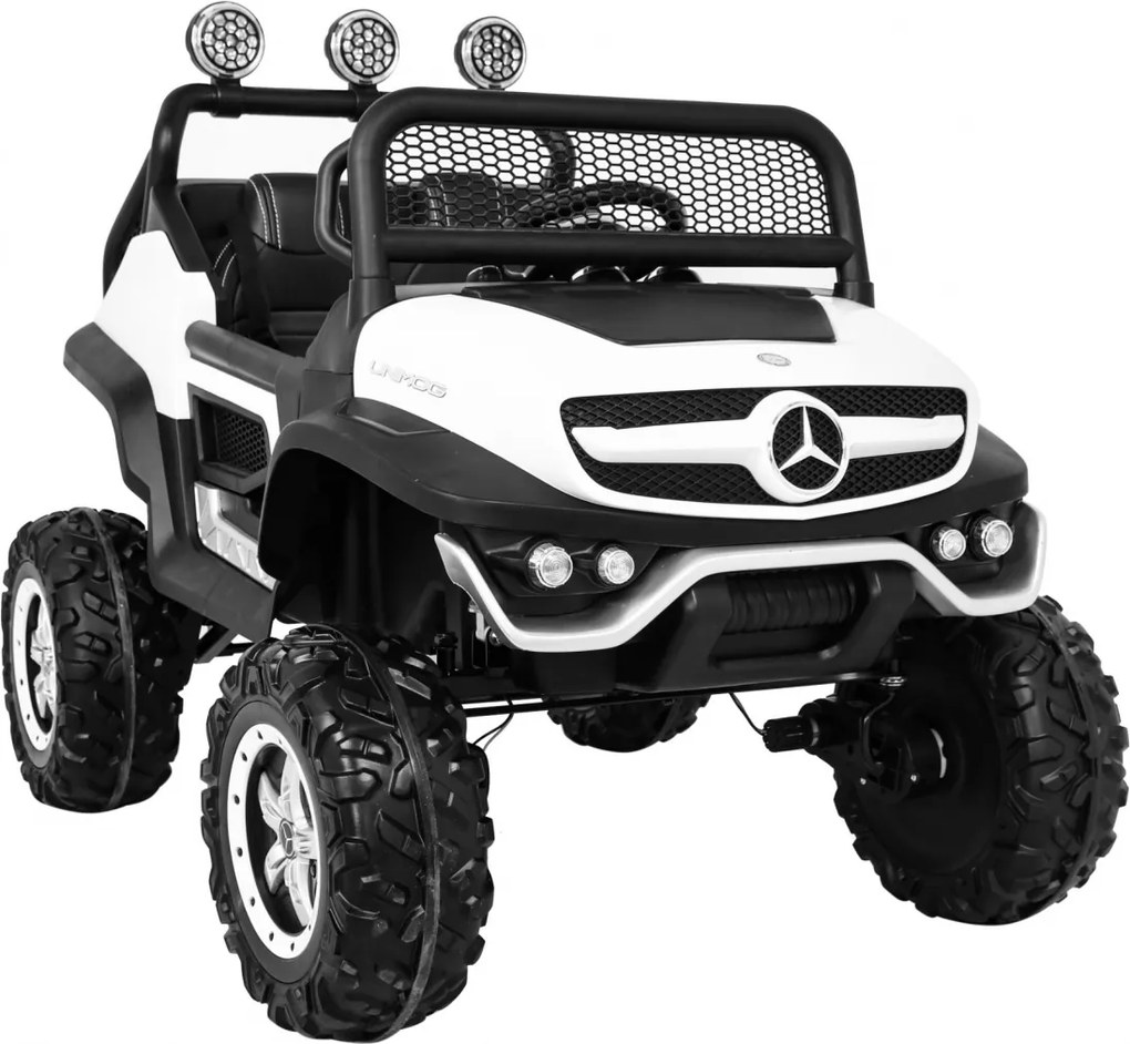Ramiz Mercedes Benz Unimog elektrické autíčko pro děti bílé + pohon 4x4 + dálkové ovládání + nosič zavazadel + pomalý start + MP3 + LED