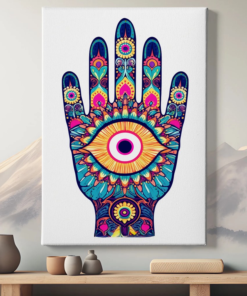 Obraz na plátně - Hamsa pestrobarevná květovaná FeelHappy.cz Velikost obrazu: 80 x 120 cm