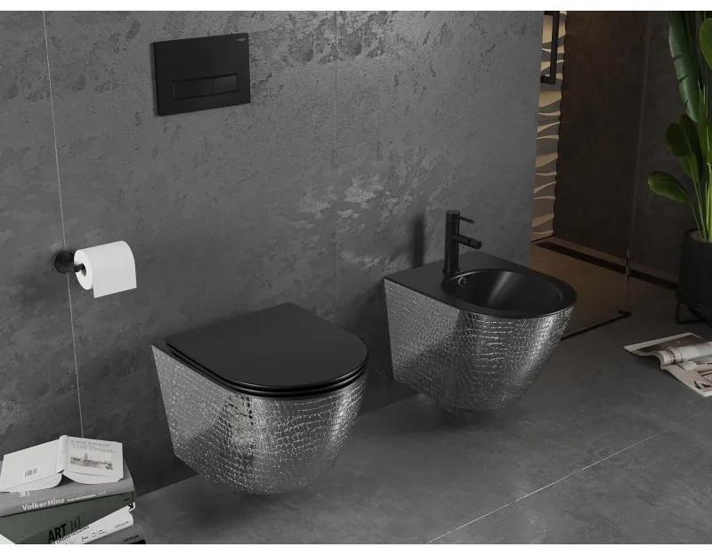Mexen Lena WC mísa Rimless s pomalu padající deskou slim, duroplast, Matná černá/Stříbrná vzor rybí kůže - 30224072