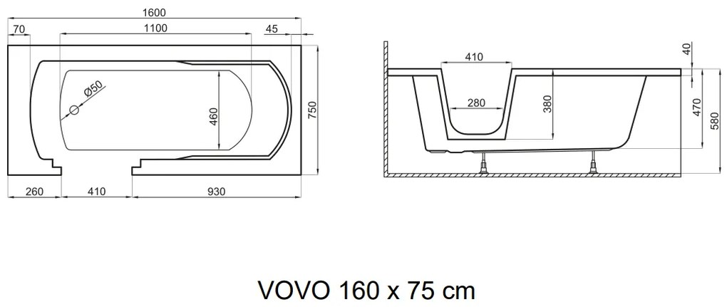 Polimat Vovo akrylátová vana sedací Délka vany: 150cm