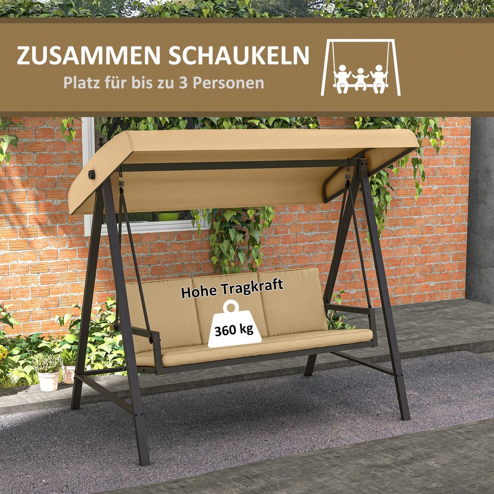 3-Sitzer Hollywoodschaukel, Gartenschaukel, verstellbares Sonnendach, 200 cm x 125 cm x 175 cm, Beige + Braun