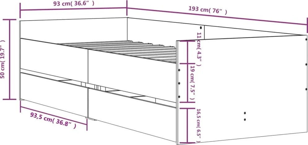 vidaXL Rám postele se zásuvkami 90 x 190 cm [3207352] Barva: dub sonoma