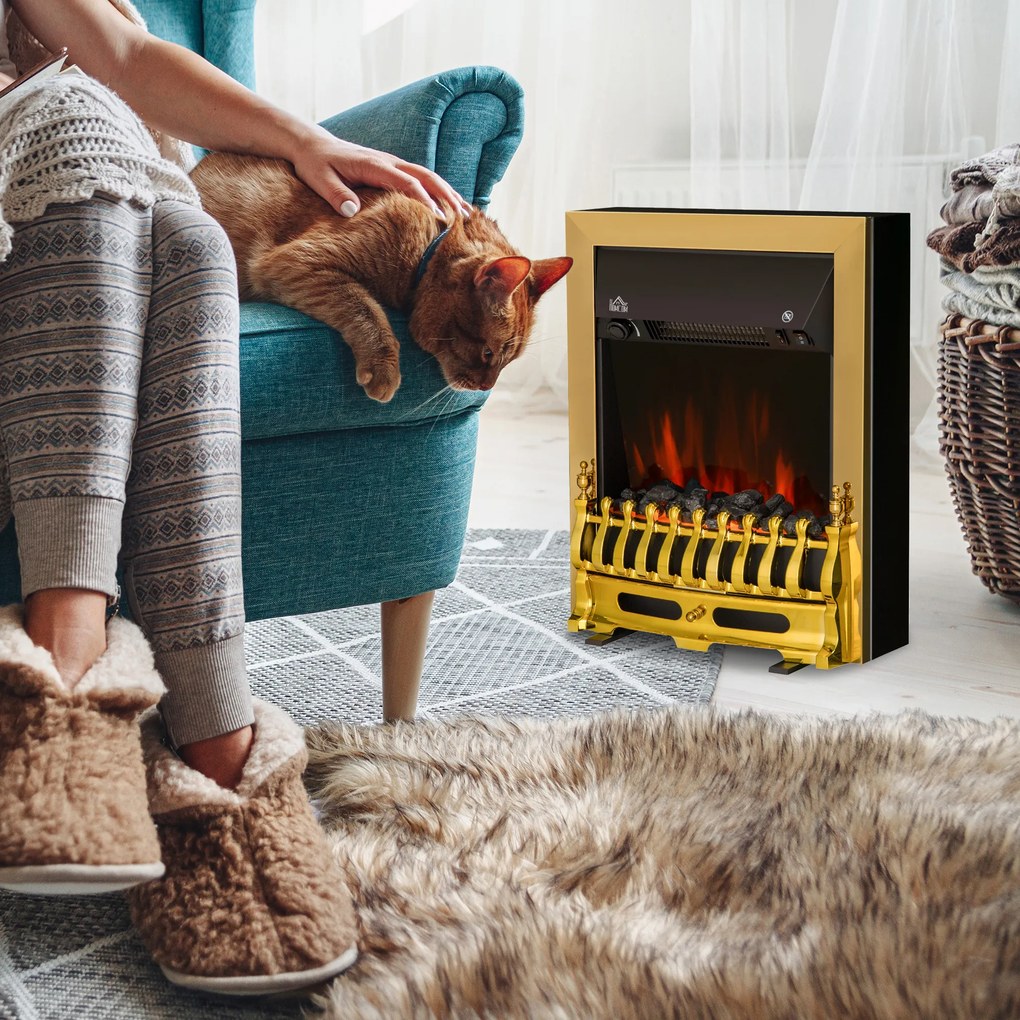 Elektrický krb HOMCOM Stojanový krb s efektem plamene 1000/2000W 48,2 x 18,5 x 59,2 cm ve zlaté barvě pro příjemné večery |