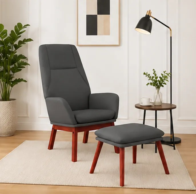 relaxační křeslo, s podnožkou, odpočinkové, masivní kaučukovník/kov/textil, 95x76x71 cm, nohy tmavé/tmavě šedá, Dekorino KR20260085