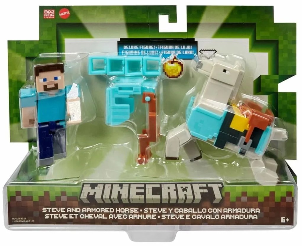 Minecraft 8 cm figurka dvojbalení steve a obrněný kůň, mattel hdv39