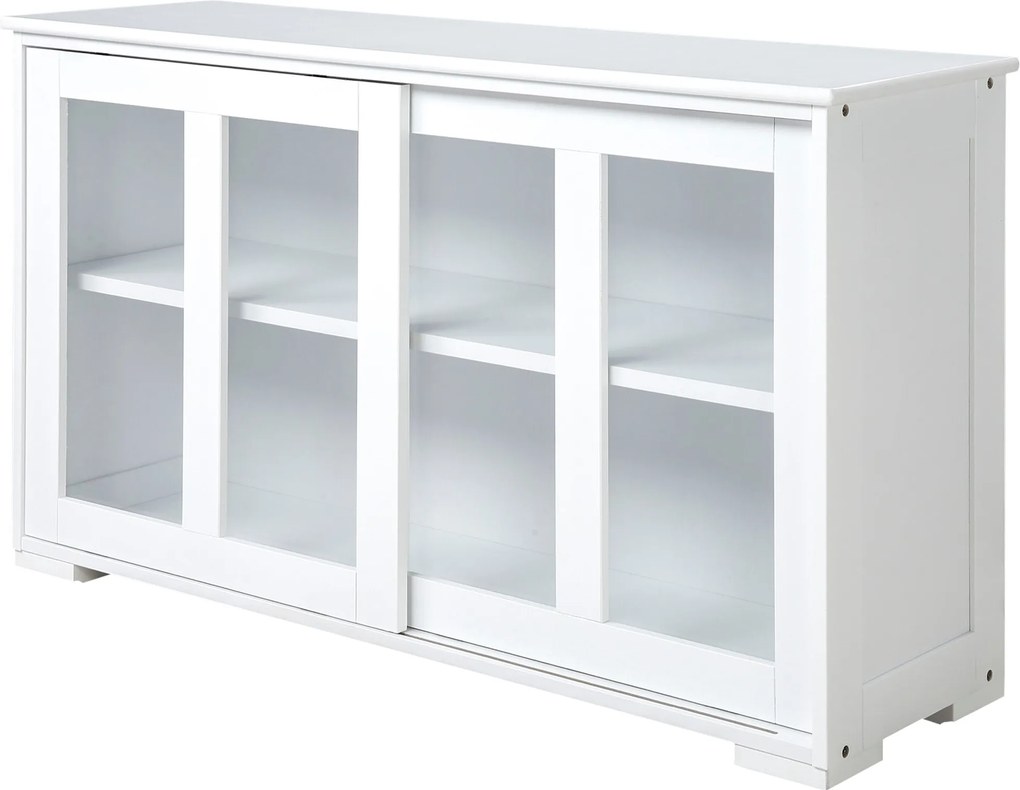 HOMCOM Moderní Kuchyňský Vysoký Stolek - Skládací Skříňka s 2 Posuvnými Skleněnými Dveřmi a Nastavitelnou Policí pro Jídelnu 107x33x62,5 cm Bílá | Aos