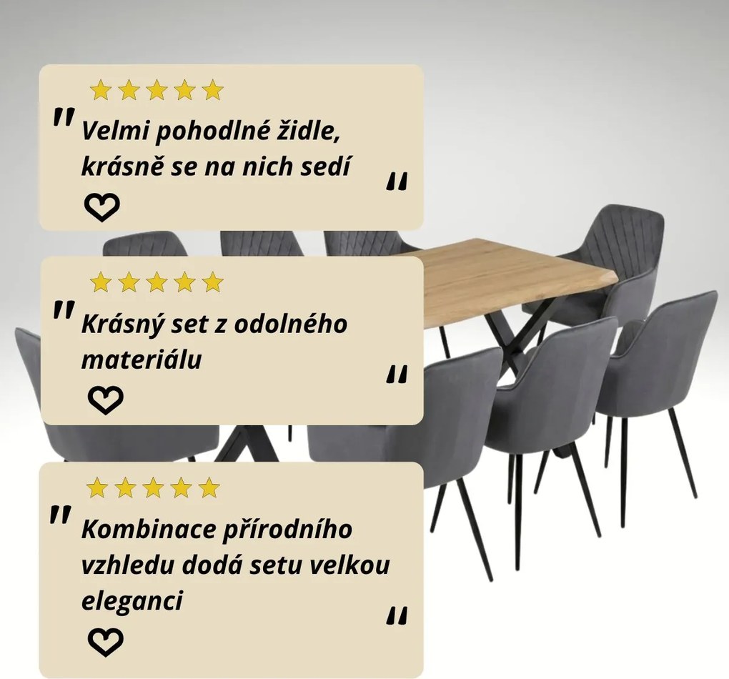 Vikio Jídelní set pro 8 osob 180x90 cm soft dub noha X šedá židle s područkami VJS228-8S